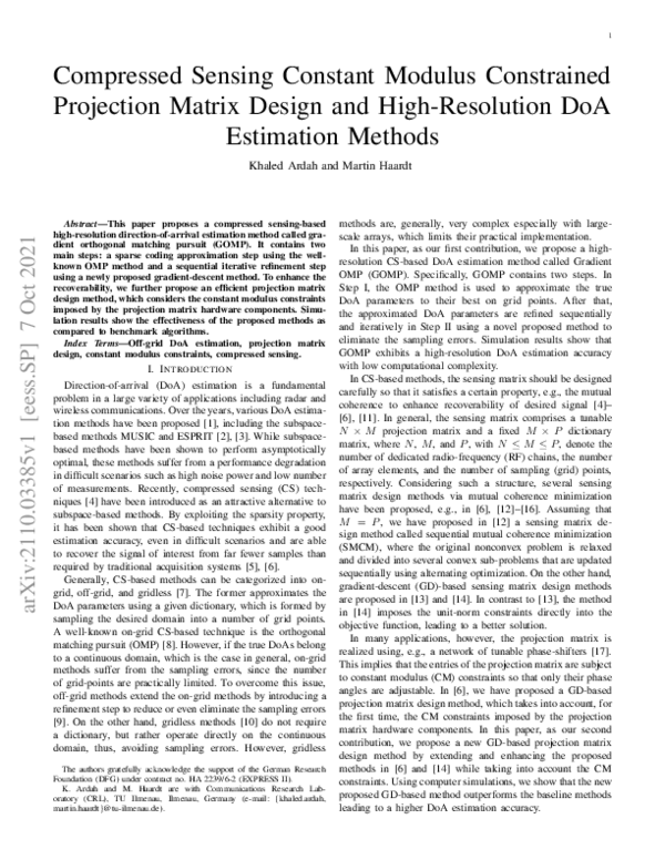 (PDF) Compressed Sensing Constant Modulus Constrained Projection Matrix Design and High ...