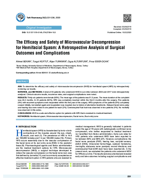 (PDF) The efficacy and safety of microvascular decompression for ...