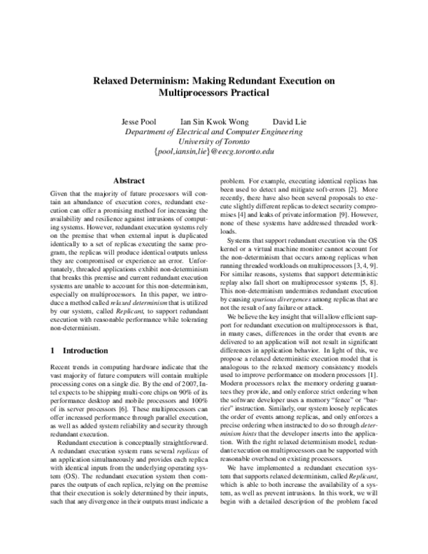 (PDF) Relaxed determinism: Making redundant execution on multiprocessors practical