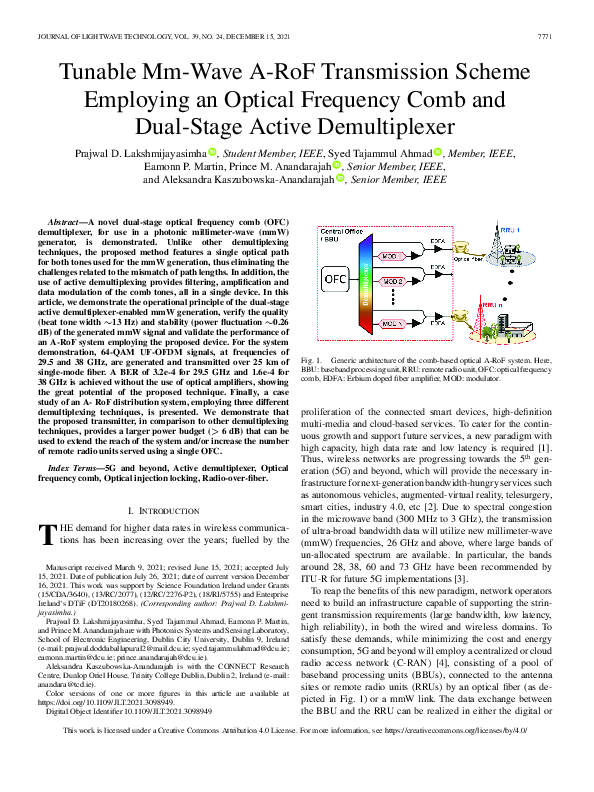 (PDF) Tunable mm-wave A-RoF transmission scheme employing an optical frequency comb and dual ...