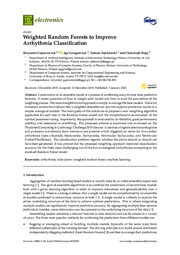 (PDF) Weighted Random Forests to Improve Arrhythmia Classification