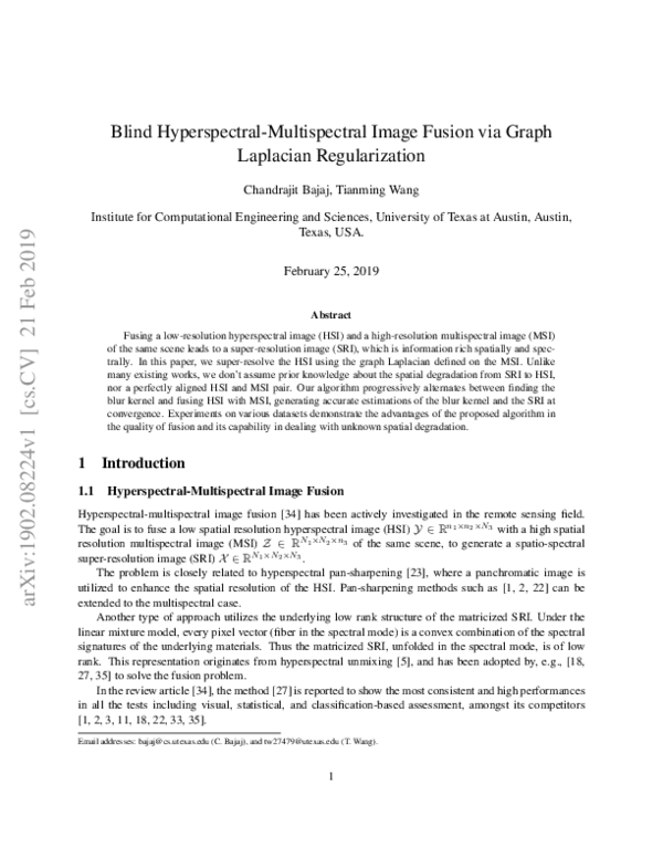 (PDF) Blind Hyperspectral-Multispectral Image Fusion via Graph Laplacian Regularization