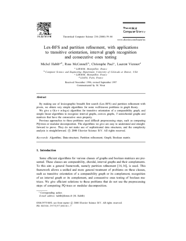 (PDF) Lex-BFS and partition refinement, with applications to transitive orientation, interval ...