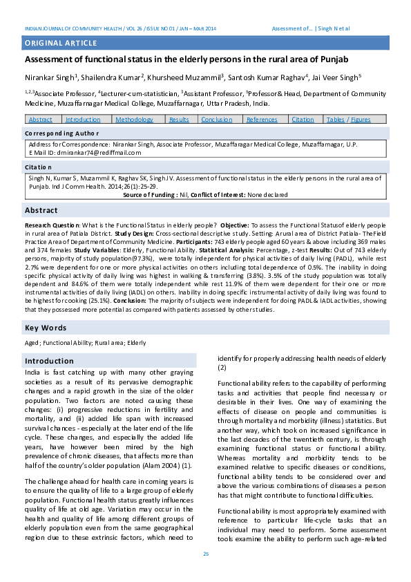 (PDF) Assessment of functional status in the elderly persons in the ...