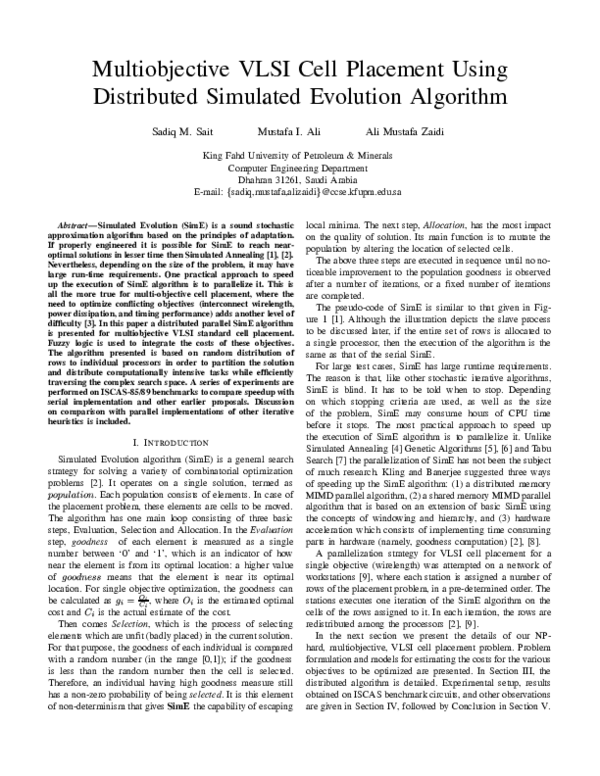 (PDF) Multiobjective VLSI Cell Placement Using Distributed Simulated Evolution Algorithm