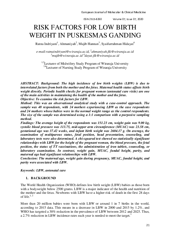 (PDF) Risk Factors for Low Birth Weight in Puskesmas Ganding