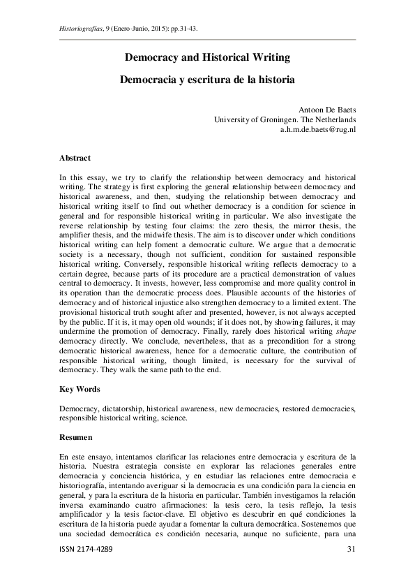 (PDF) Democracy and Historical Writing / Democracia y escritura de la ...