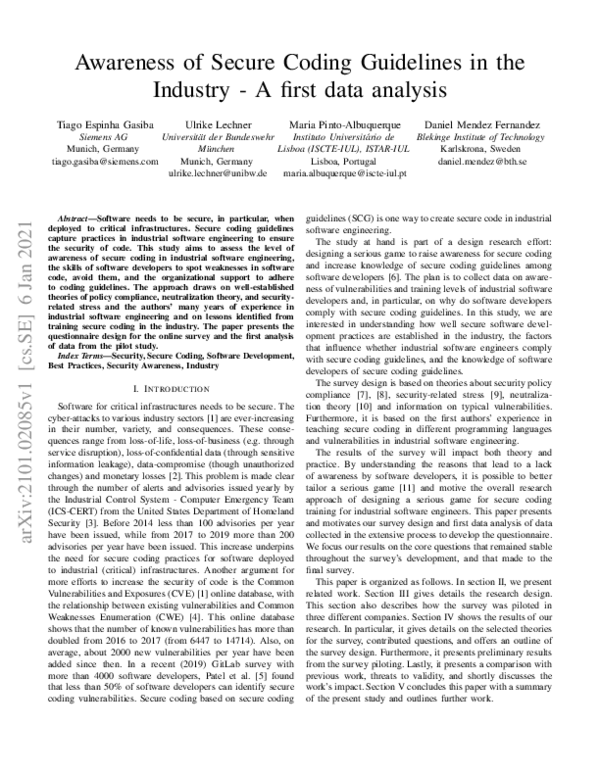 (PDF) Awareness of Secure Coding Guidelines in the Industry - A First Data Analysis
