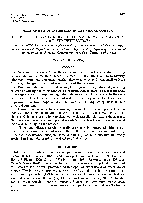 (PDF) Mechanisms of inhibition in cat visual cortex
