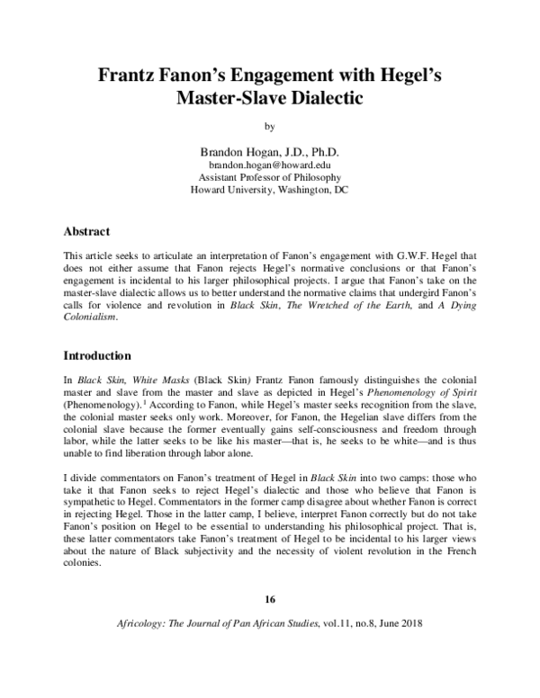 (PDF) Frantz Fanon's Engagement with Hegel's Master-Slave Dialectic