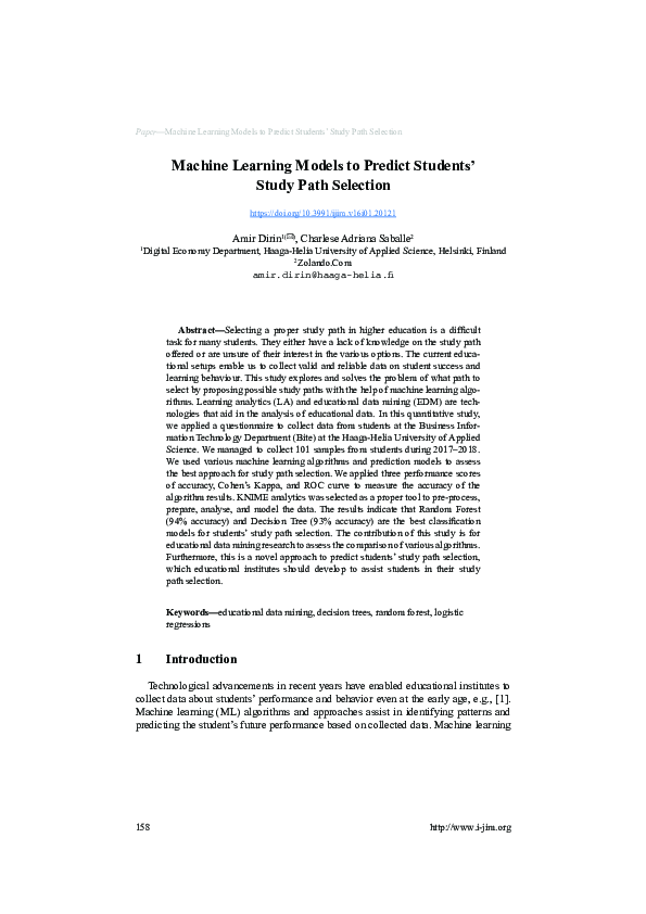 (PDF) Machine Learning Models to Predict Students’ Study Path Selection