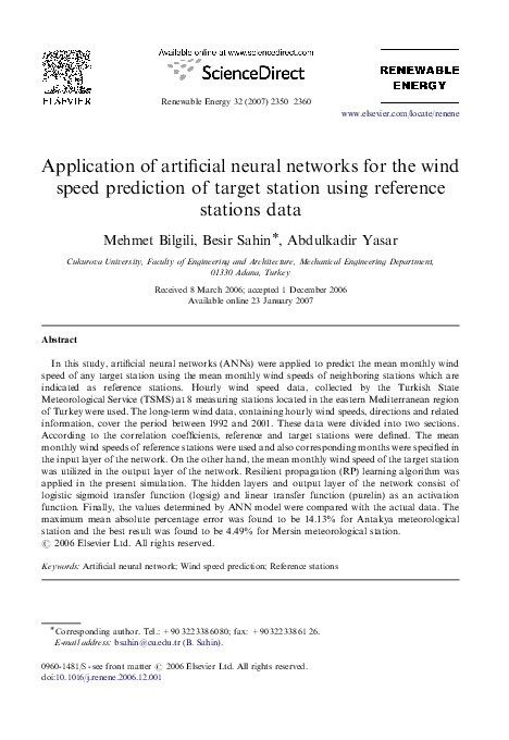 (PDF) Application of artificial neural networks for the wind speed prediction of target station ...