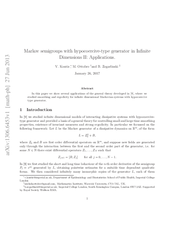 (PDF) 3 Markov semigroups with hypocoercive-type generator in Infinite Dimensions II: Applications