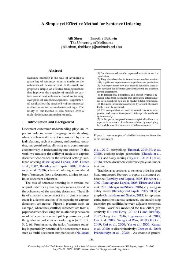 (PDF) A Simple yet Effective Method for Sentence Ordering