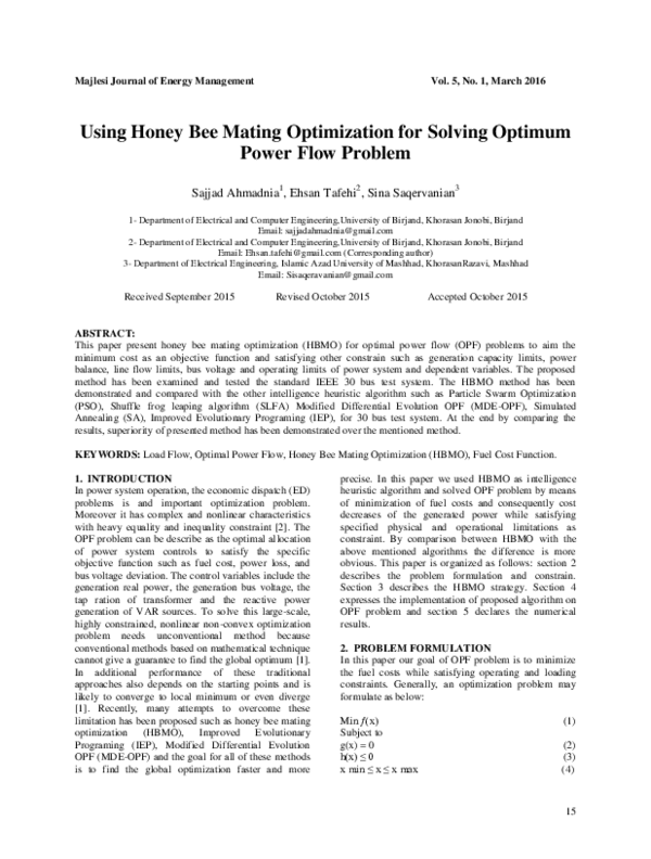 (PDF) Using Honey Bee Mating Optimization for Solving Optimum Power Flow Problem