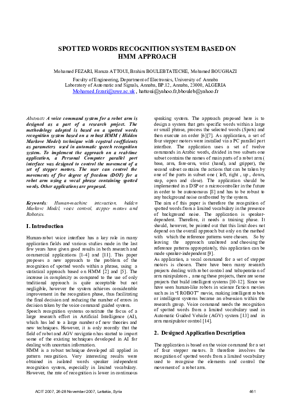 (PDF) Spotted Words Recognition System Based on HMM Approach