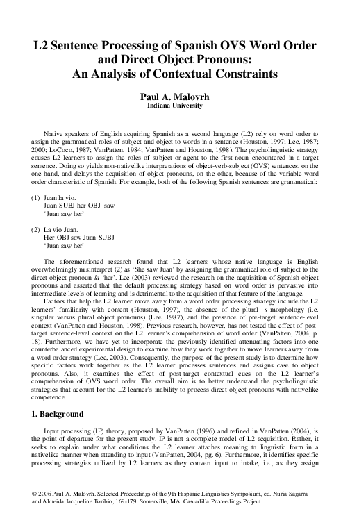 (PDF) L2 Sentence Processing of Spanish OVS Word Order and Direct Object Pronouns: An Analysis ...