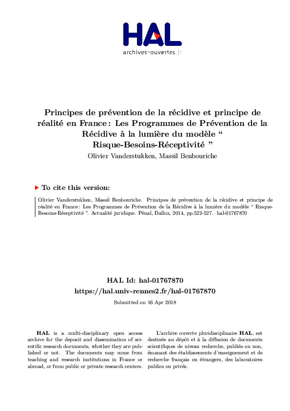 (PDF) Principes de prévention de la récidive et principe de réalité en ...