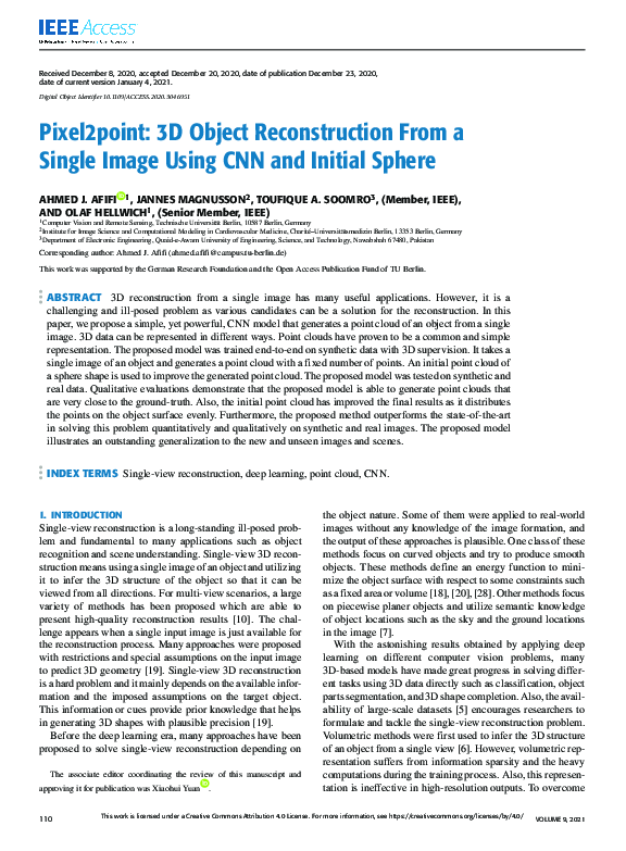 (PDF) Pixel2point: 3D Object Reconstruction From a Single Image Using CNN and Initial Sphere