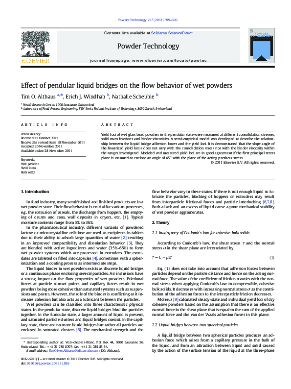 (PDF) Effect of pendular liquid bridges on the flow behavior of wet powders