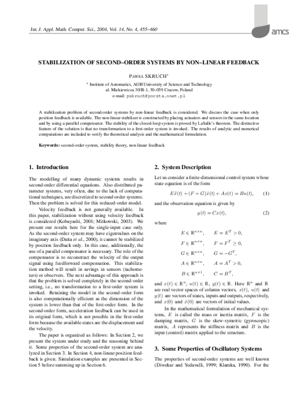 (PDF) Stabilization of Second–Order Systems by Non–Linear Feedback