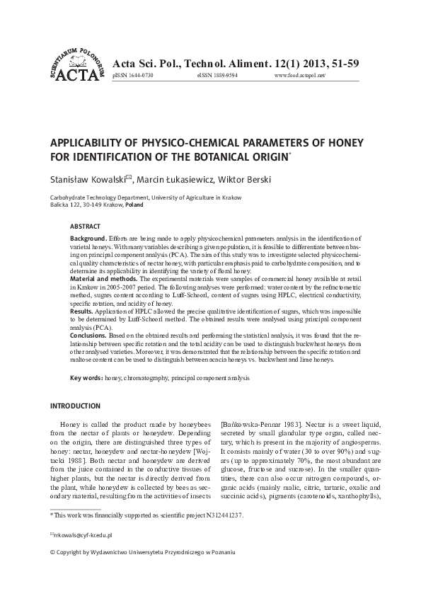 (PDF) Applicability of physico-chemical parameters of honey for identification of the botanical ...