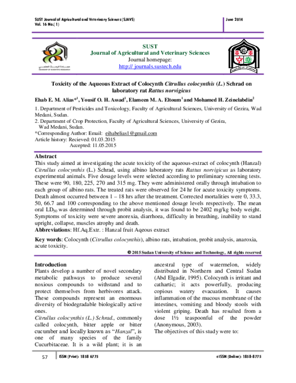 (PDF) Toxicity of the Aqueous Extract of Colocynth Citrullus ...