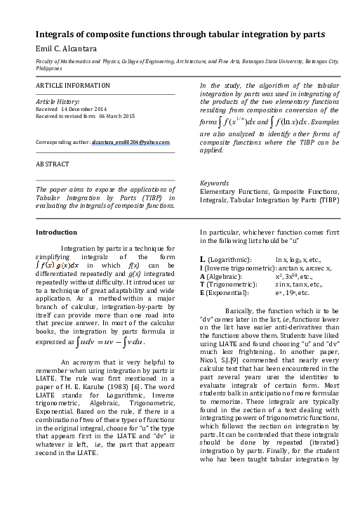 (PDF) Integrals of composite functions through tabular integration by parts