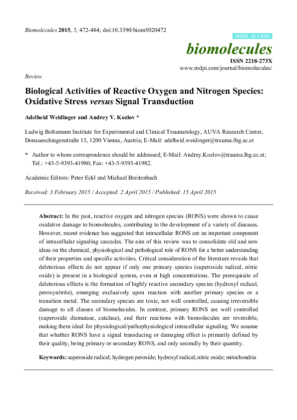 (PDF) Biological Activities of Reactive Oxygen and Nitrogen Species: Oxidative Stress versus ...