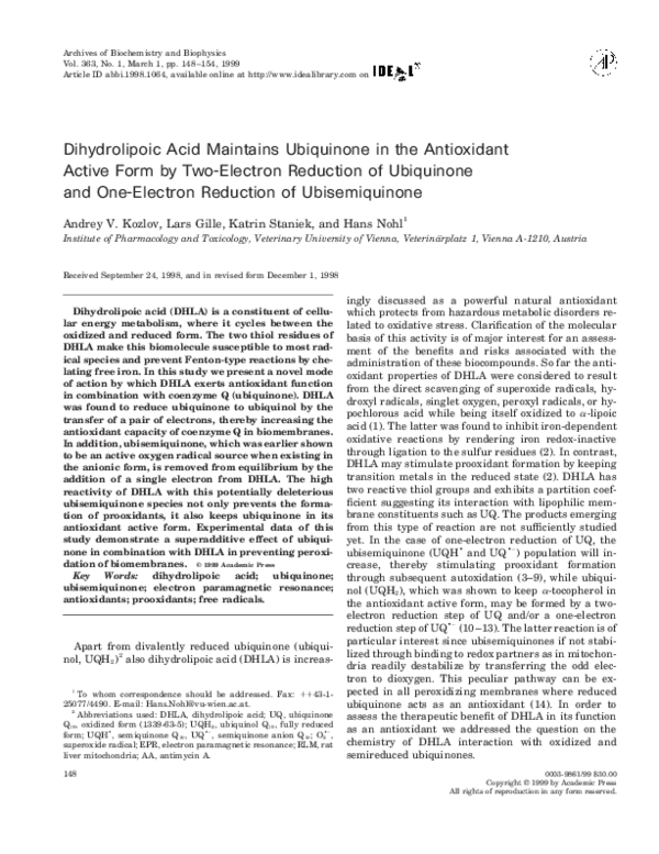(PDF) Dihydrolipoic Acid Maintains Ubiquinone in the Antioxidant Active ...