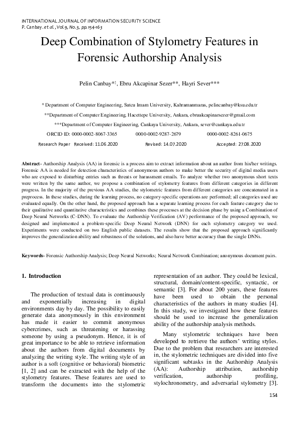 (PDF) Deep Learning for Forensic Authorship Analysis via Stylometry