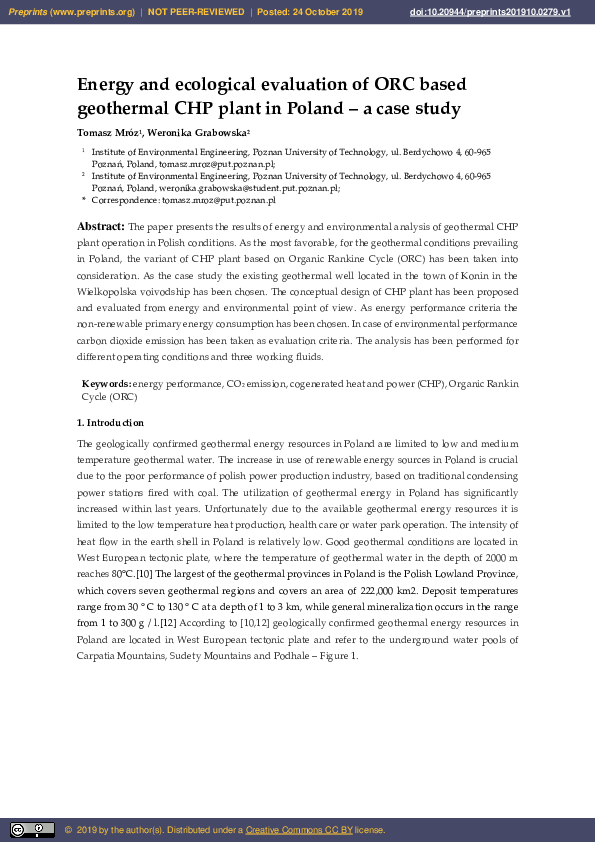 (PDF) Energy and Ecological Evaluation of ORC Based Geothermal CHP Plant in Poland A Case Study
