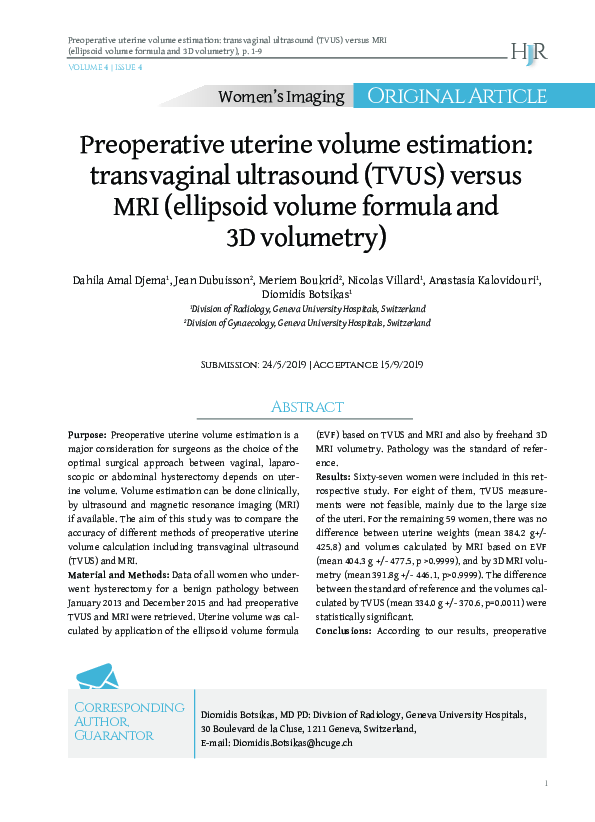 (PDF) Preoperative uterine volume estimation: transvaginal ultrasound ...