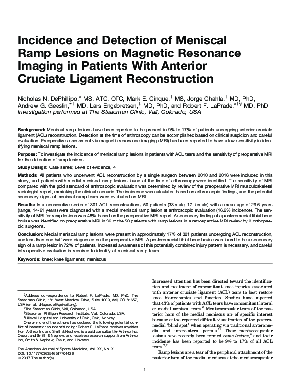 (PDF) Incidence and Detection of Meniscal Ramp Lesions on Magnetic ...