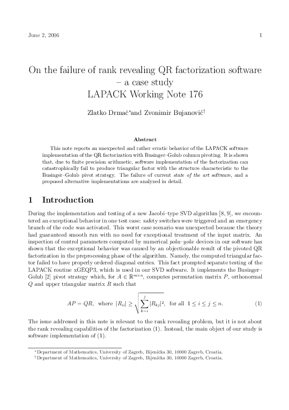 (PDF) On the failure of rank revealing QR factorization software { a case study LAPACK Working ...