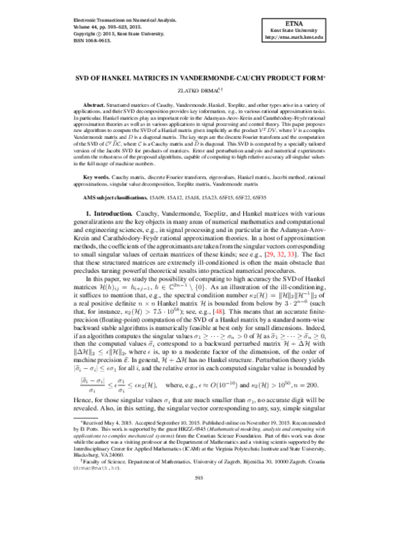 (PDF) SVD of Hankel Matrices in Vandermonde-Cauchy Product Form∗