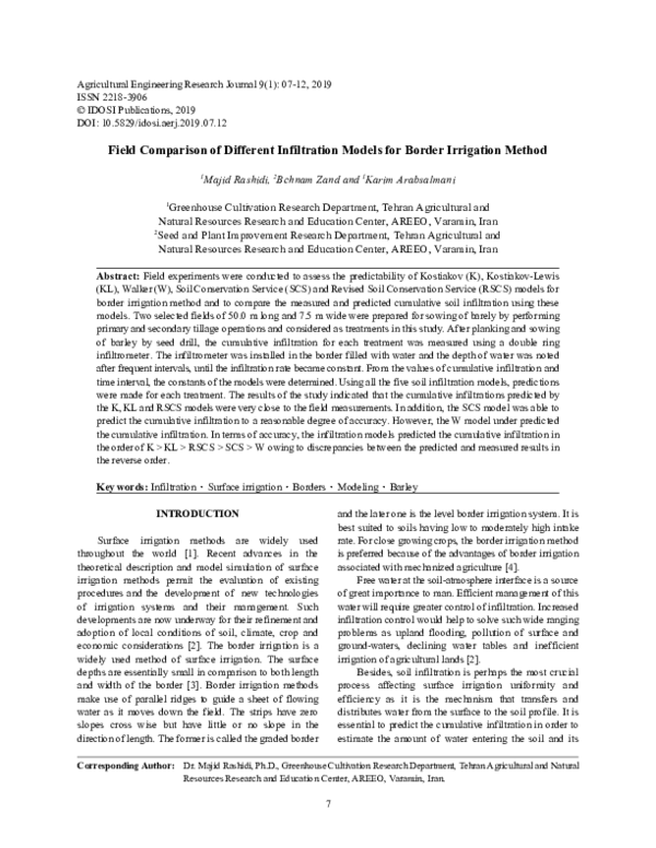 (PDF) Field Comparison of Different Infiltration Models for Border Irrigation Method