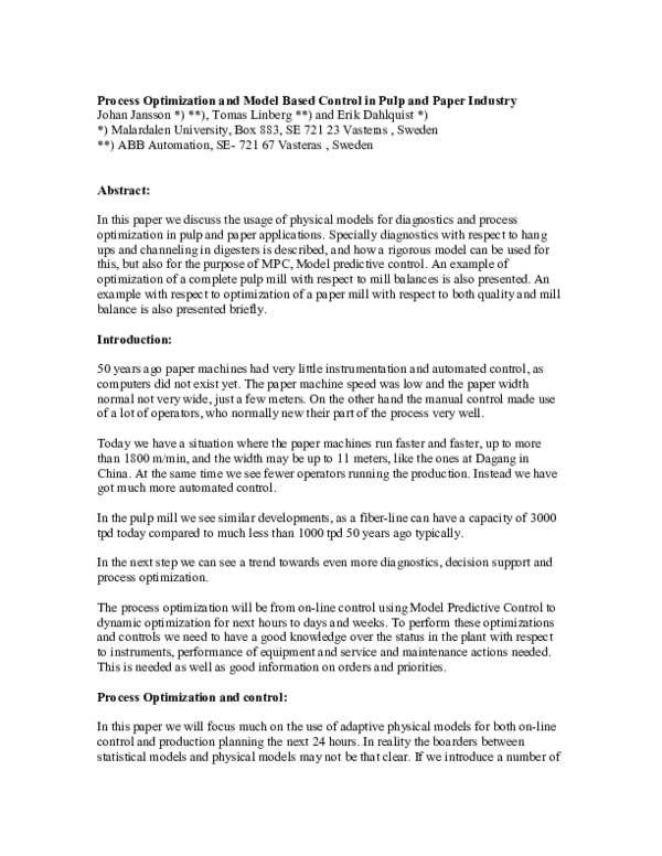 (PDF) Process optimization and model based control in pulp industry
