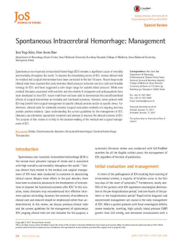 (PDF) Spontaneous Intracerebral Hemorrhage: Management