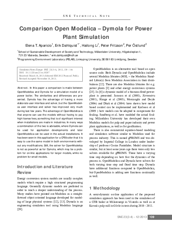 (PDF) Comparison open modelica-dymola for power plant simulation