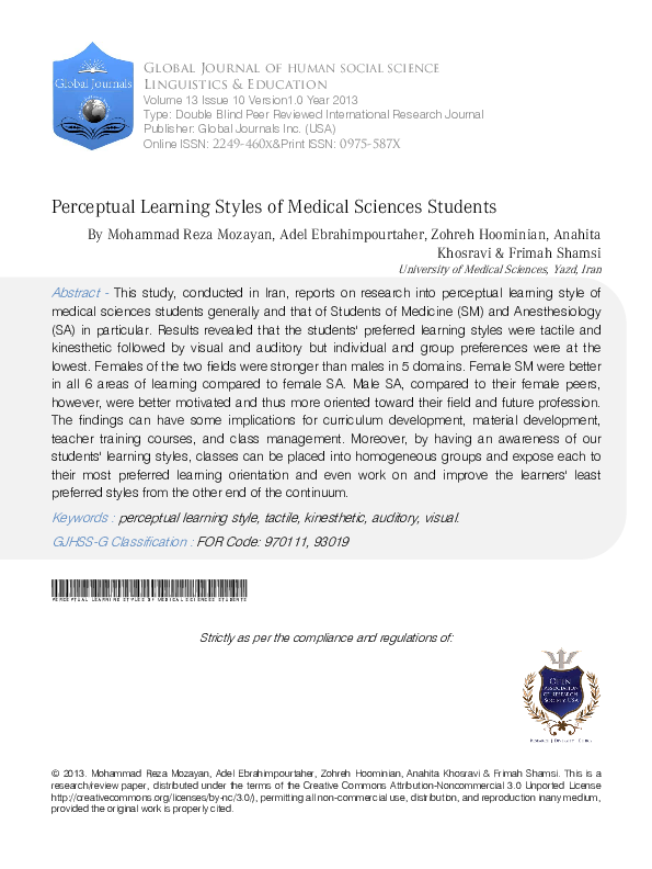(PDF) Perceptual Learning Styles of Medical Sciences Students