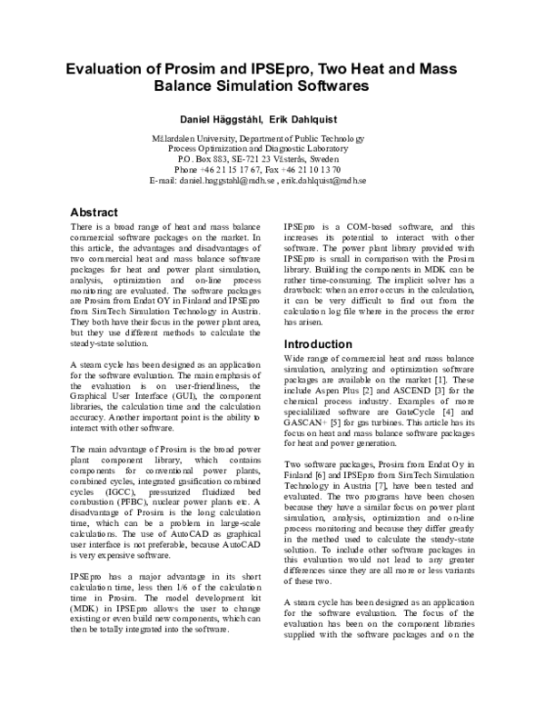 (PDF) Evaluation of Prosim and IPSEpro, Two Heat and Mass Balance Simulation Softwares