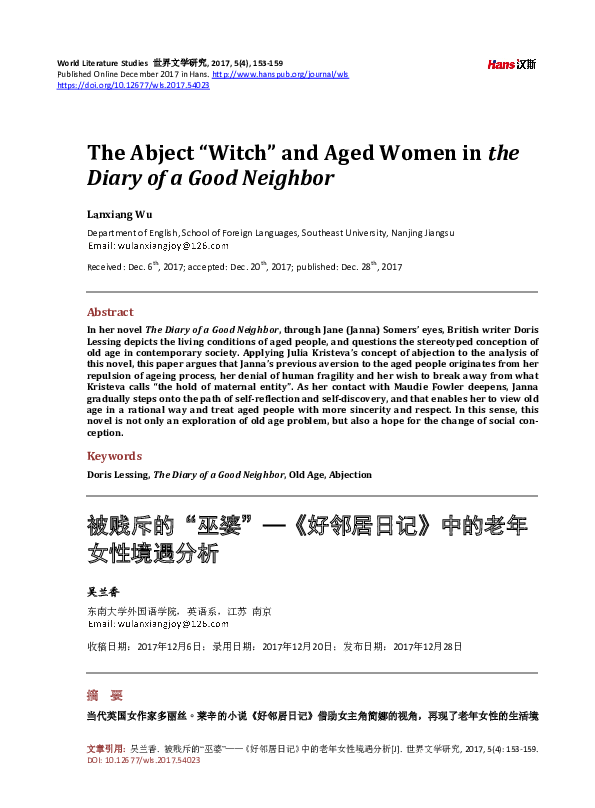 (PDF) The Abject “Witch” and Aged Women in the Diary of a Good Neighbor