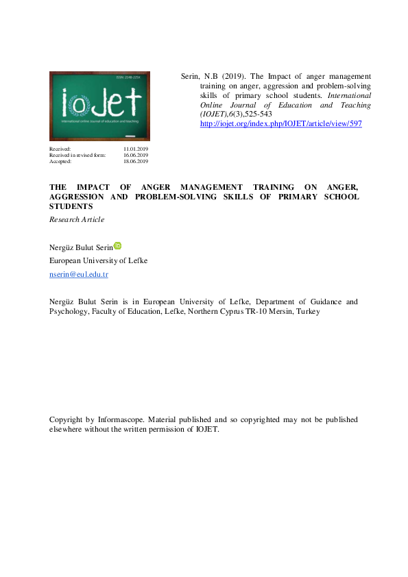 Pdf The Impact Of Anger Management Training On Anger Aggression And Problem Solving Skills Of