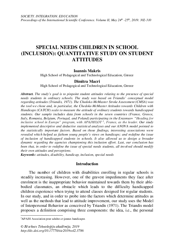 (PDF) Special Needs Children in School (Inclusion): Quantitative Study ...
