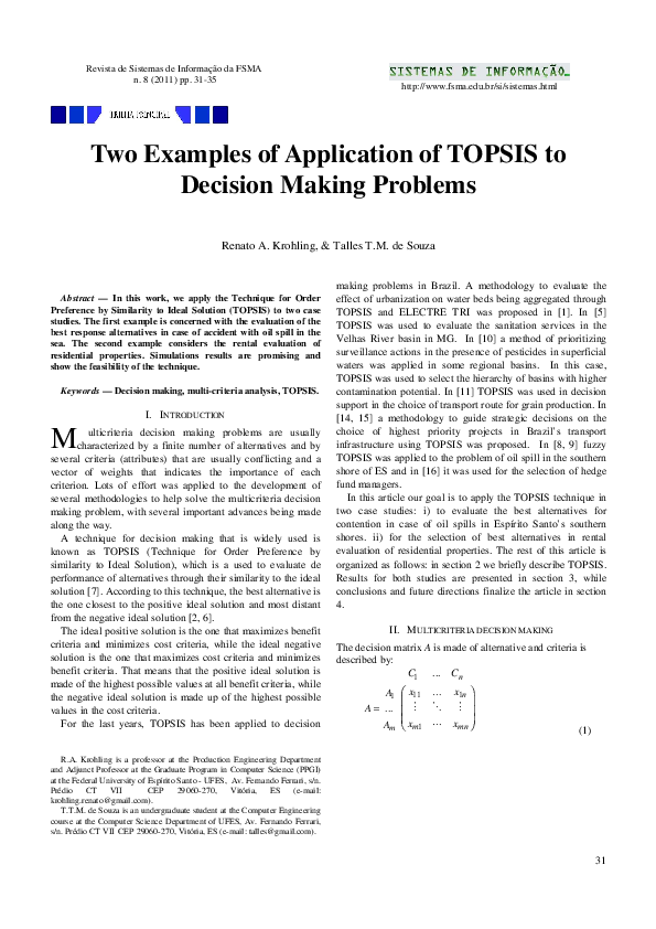 (PDF) Two Examples of Application of TOPSIS to Decision Making Problems