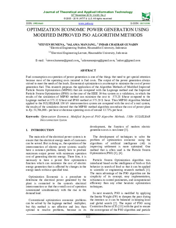 (PDF) Optimization Economic Power Generation Using Modified Improved Pso Algorithm Methods