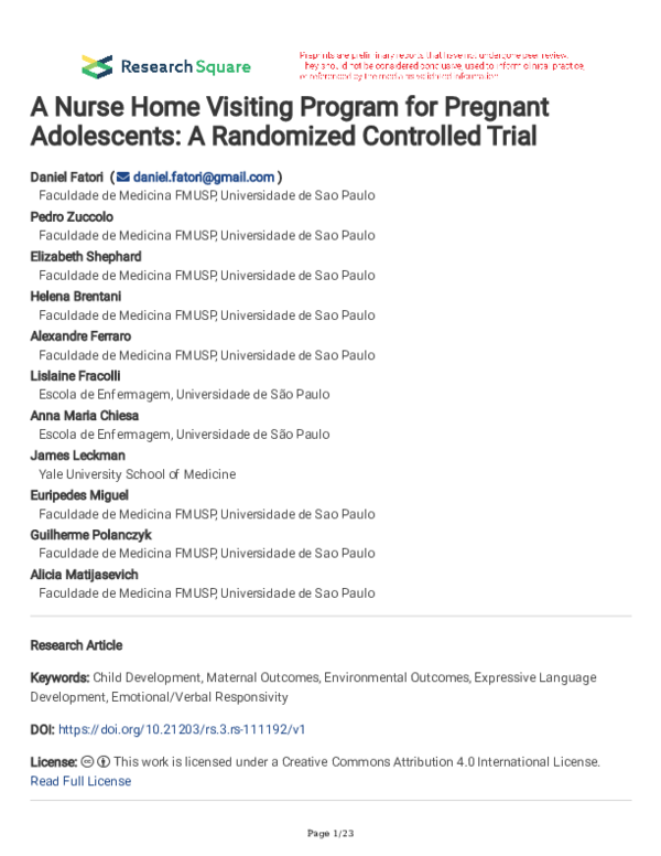 (PDF) A Nurse Home Visiting Program for Pregnant Adolescents: A ...