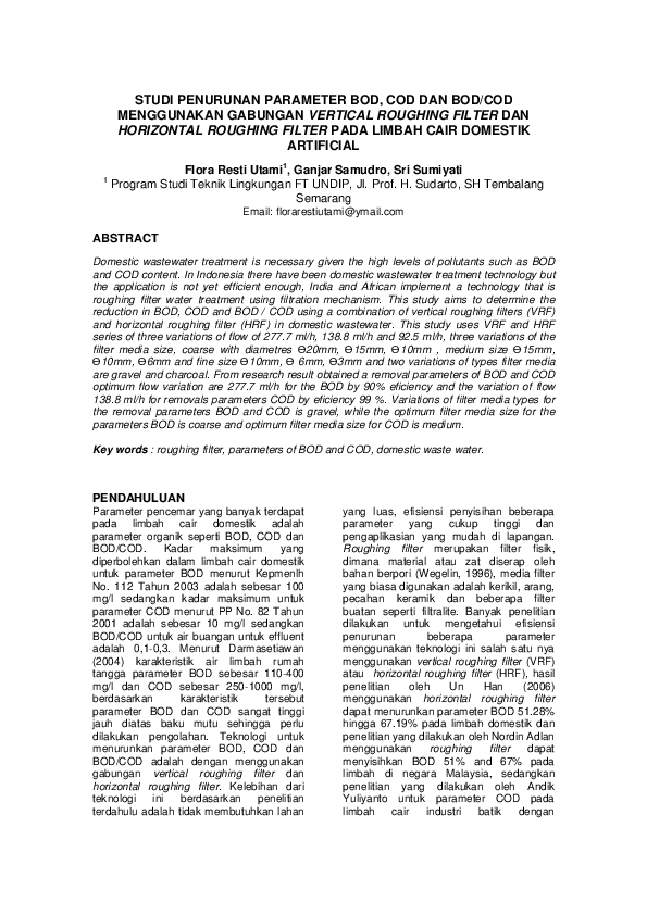(PDF) Studi Penurunan Parameter Bod, Cod Dan Bod/Cod Menggunakan Gabungan Vertical Roughing ...