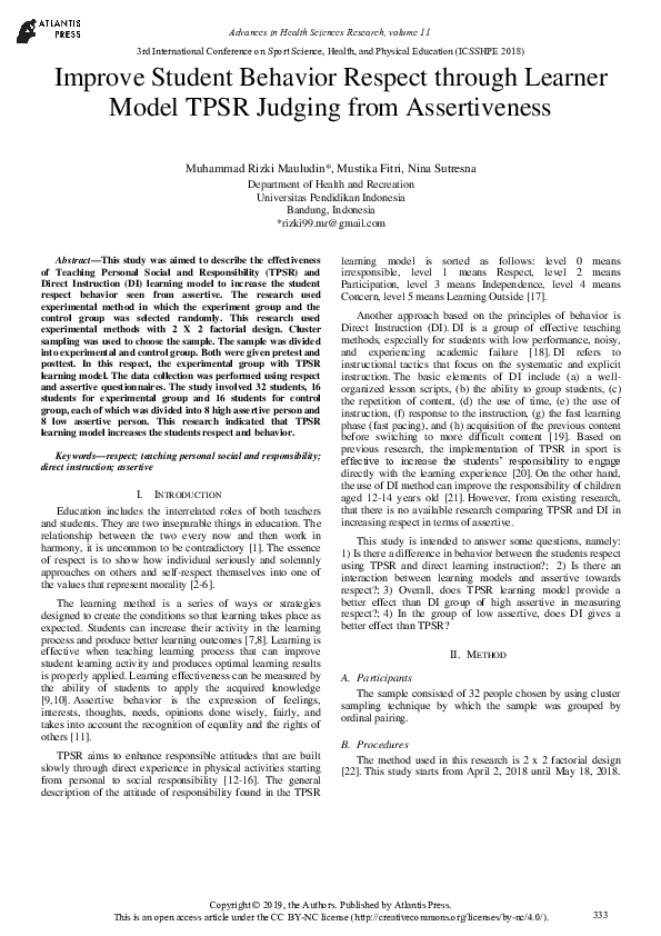 (PDF) Improve Student Behavior Respect through Learner Model TPSR ...